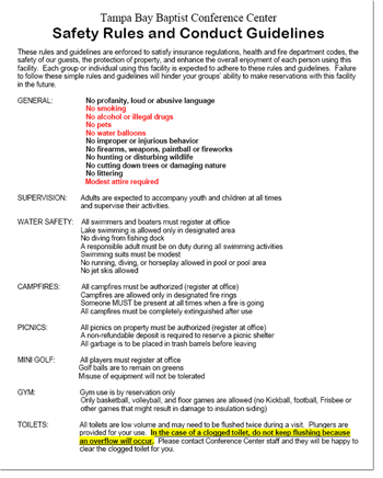 RESERVATIONS - Tampa Bay Baptist Conference Center